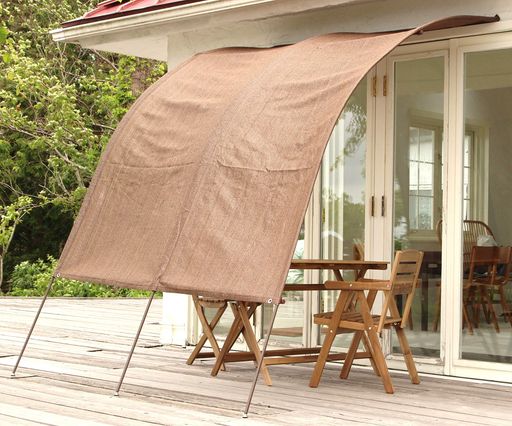 サイズ:幅300x奥行100~180x250~290cm 重量:5.8kg 素材:支柱/スチール、帆布/ポリエチレン、はと目/アルミ、紐/ポリエステル 色:ブラウン
