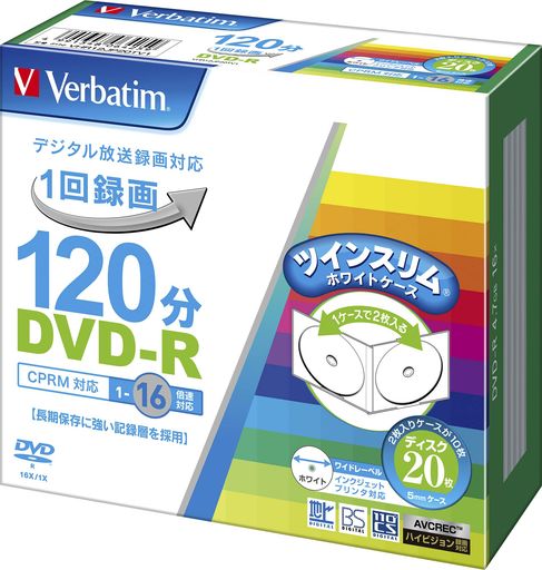 品種:録画用 DVD-R 1回録画用、録画時間:120分、倍速:1-16倍速 盤面印刷:○(ホワイト) / 範囲:22mm-118mm(ワイド) ケース:5mmツインスリムケース 入り数:20枚