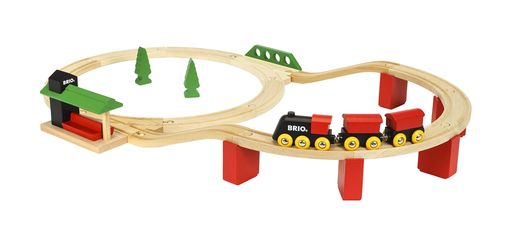 クラッシックな木製トレインにモダンなレイアウトのセットです。 駅舎もあり、起伏に富んだレイアウトです。