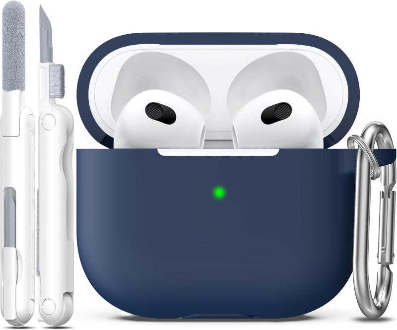 R-fun AirPods 第3世代ケースカバー クリーナーキットとキーチェーン付き Apple AirPods 3 2021用ソフトシリコン保護ケース ミッドナイトブルー互換性とパッケージ: Apple AirPods第3世代2021充電...