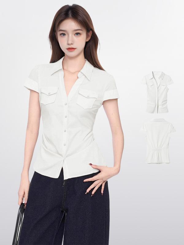 ・カテゴリ: シャツ・スタイル: 通勤・主な素材: 綿50-70%、ポリエステル30-50%・袖丈: 短袖・版型: スリムフィット・衣長: 普通(50-65cm)・ネックライン: Vネック・袖型: ストレート・柄: 無地・カラー展開: ホワ...