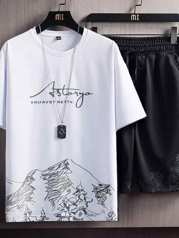 ・カテゴリ: 男式休闲套装・スタイル: 基礎大众・厚さ: 薄款・パンツ丈: 五分裤/中裤・トップスタイル: T恤・袖丈: 短袖・フード: 不連帽・主な素材: 聚酯纤维（涤纶）95%・使用シーン: 運動・カラー展開: 雪山短袖白色套装,雪山短...