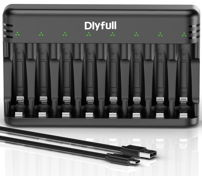 Dlyfull 電池充電器 単4 単3 充電池 充電器、USB Type-C入力 8スロット単三 単4 充電器/充電式ニッケル水素電池 充電器/ニカド充電池に対応 同時充電 LEDライト 単3 バッテリー 充電器 エネループ ㈚...