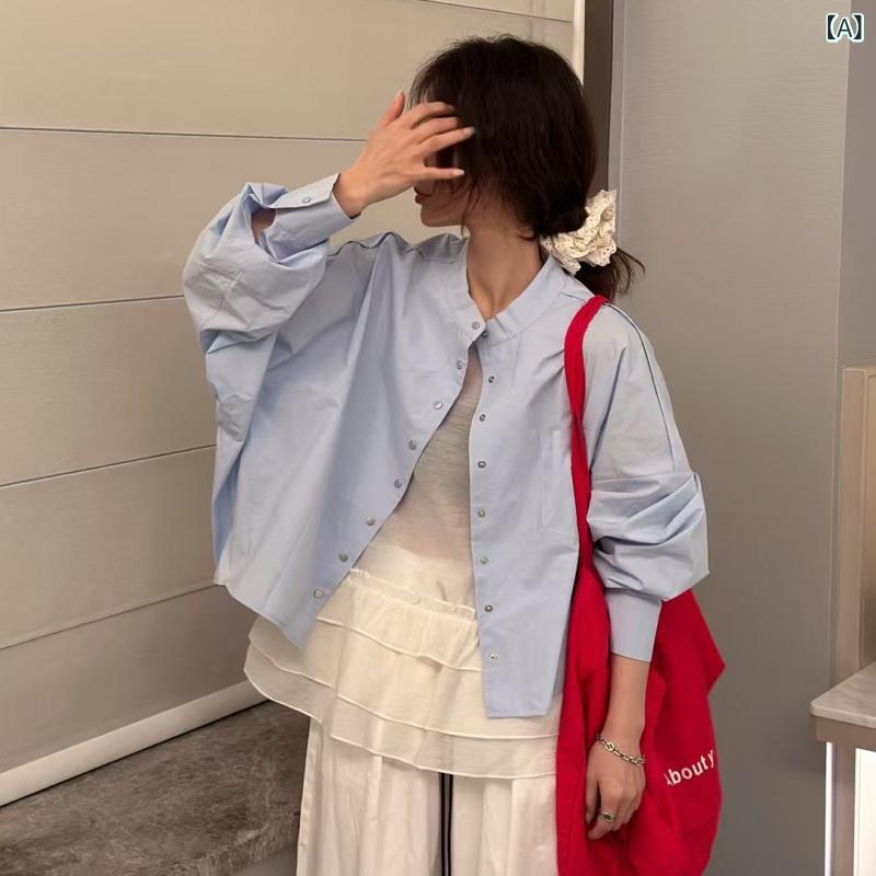 ・カテゴリ: シャツ・スタイル: カジュアル・主な素材: 綿50-70%・柄: 無地・袖丈: 長袖・袖型: 灯籠袖・カラー展開: ブルー、ホワイト、イエロー、ブラック・サイズ展開: M、L、XL