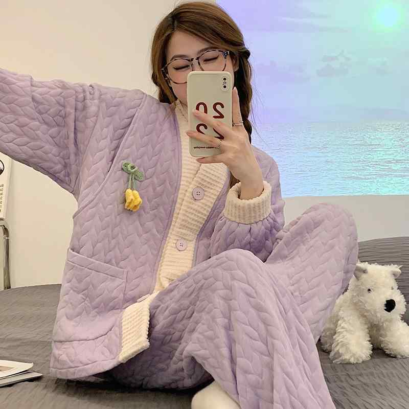 パジャマ レディース 秋冬 授乳服 マタニティウェア 上下セット 妊婦服 長袖 厚手 空気棉 裏起毛 部屋着 入院用 産後 授乳口付き・素材: 空気綿・スタイル: セットアップ・ネックライン: Vネック・袖丈: 長袖・パンツ丈: 長ズボン・...