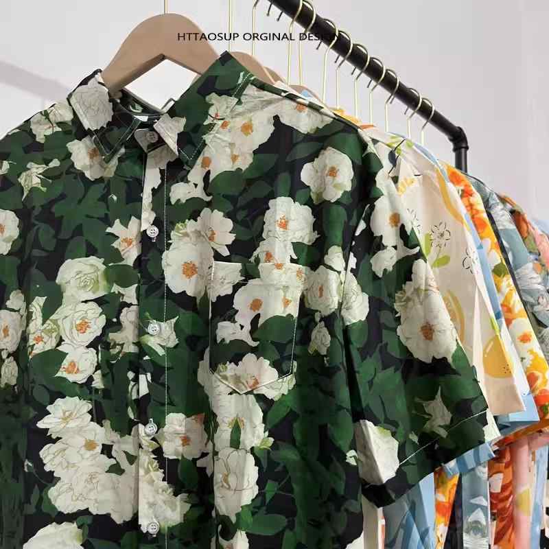 シャツ メンズ アロハシャツ 半袖 ヴィンテージ風 緑 油絵風 花柄 リラックススタイル 個性的 トレンド カジュアル アーティスティック ゆったり トップス 総柄 普段着 お出かけ デート・生地: 四面弾・機能: 洗濯機可、免アイロン・生...