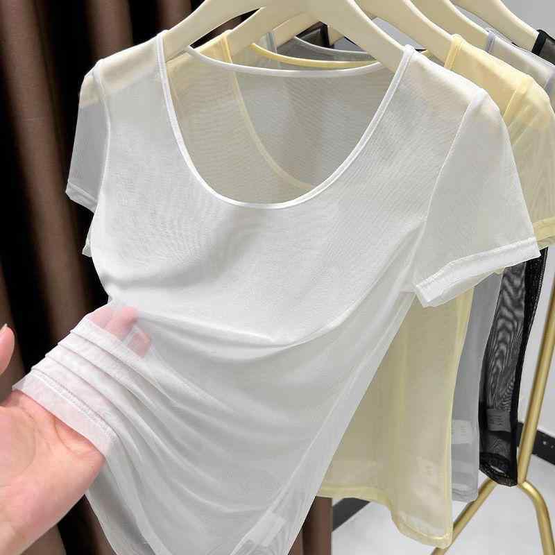 Tシャツ レディース 半袖 トップス チュール シースルー 接触冷感 丸首 薄手 タイト 無地 おしゃれ きれいめ 春夏・素材: メッシュ、スパンデックス・袖丈: 半袖・シルエット: スリムフィット・ネックライン: クルーネック・袖のタイプ...