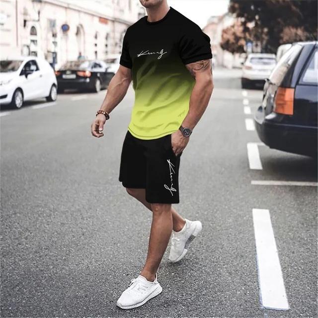 セットアップ メンズ 上下セット 半袖 ハーフパンツ 3Dデジタルプリント グラデーション 字母柄 Tシャツ 部屋着 カジュアル 普段使い 春夏・スタイル: スポーツ・厚さ: 普通・パンツ丈: ショートパンツ・トップス種類: Tシャツ・袖丈...