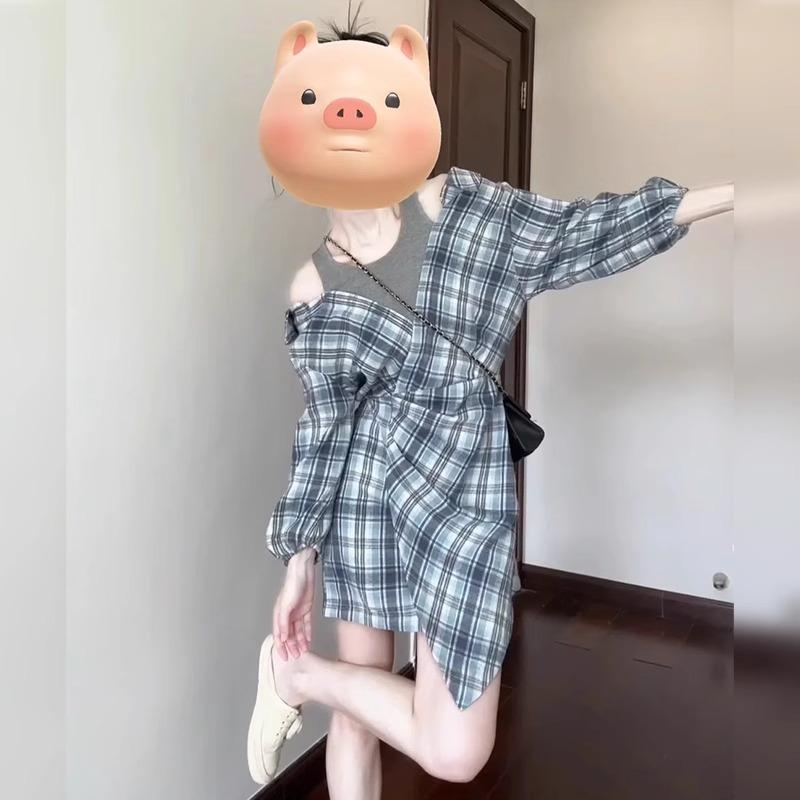 ワンピース レディース 重ね着風 シャツワンピース 韓国風 青 秋 長袖 低身長向け Aライン フレアシルエット 大人かわいい フェミニン カジュアル ガーリー 通勤 通学 普段着 ゆったり シンプル 無地 コットン混紡素材 着痩せ 体型カ...