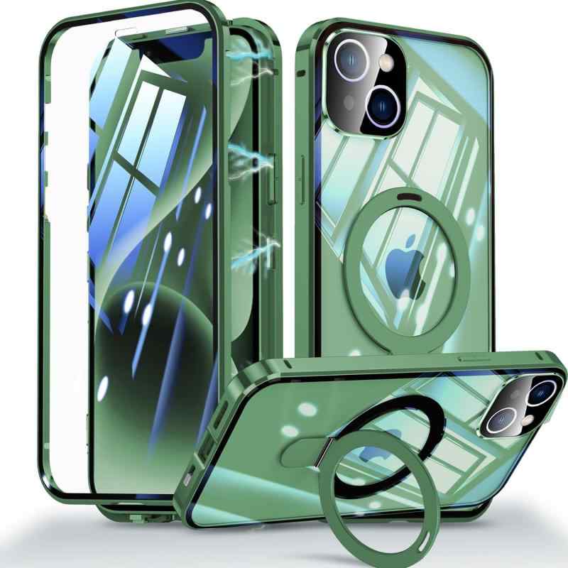 OURJOY iPhone 用 ケース MagSafe対応 全面保護 ロック式 一体スタンド 両面 クリア レンズ保護「ブラック」【対応電話モデル】両面ケース。注：本製品の前画面に強化ガラスを使用しているのため、他の保護フィルムは必要ありません。