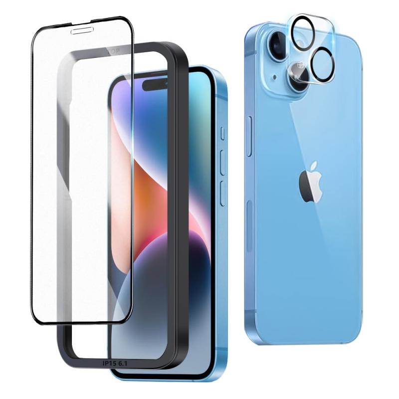 iPhone 15 フィルム/iPhone 14 フィルム,旭硝子 非光沢 さらさらフィルム ガイド枠付き iPhone 15 Pro Max ガラスフィルム【1枚+1枚】レンズ保護フィルム付 フルカバー iPhone 15 Pro アンチ...