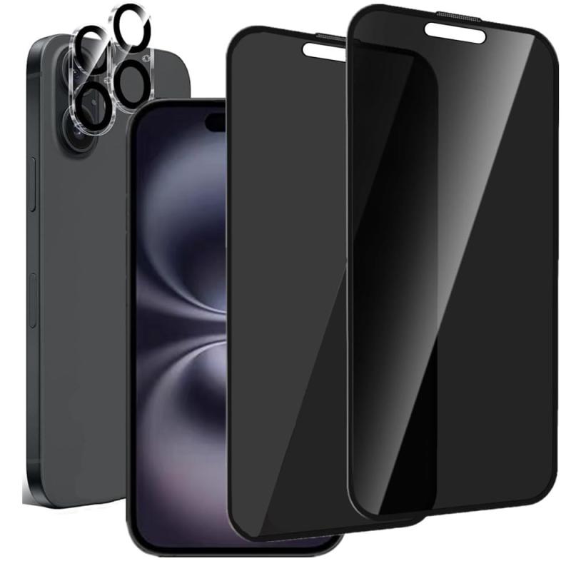 【360°覗き見防止 2+2枚セット】iPhone 16 Plus用 ガラスフィルム(2枚) + カメラフィルム(2枚) iPhone16 Plus 覗き見防止強化ガラス 360°覗き見防止 上下左右 プライバシー保護 日本製素材旭硝子製 ...