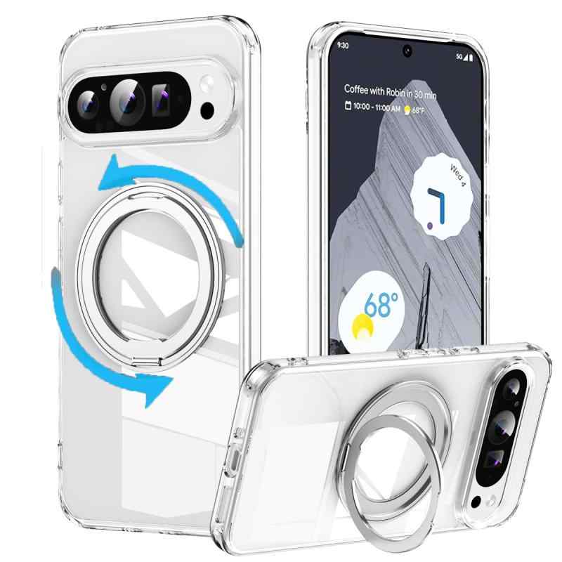 for Pixel9 ppro ケース magsafe対応 クリア リング スタンド 360度回転できる ピクセル9 用 縦横両対応 マグネット搭載 薄型 透明 指紋防止 米軍MIL規格 耐衝撃 黄変防止 (クリア)【対応機種】google...
