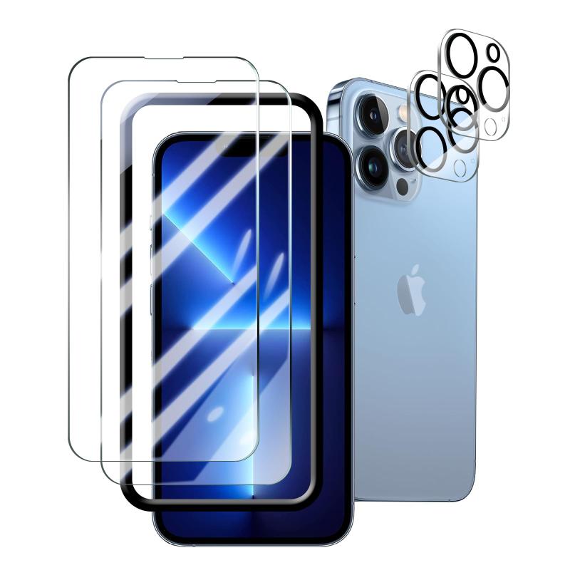 SUJASEN ガラスフィルム iPhone 13 Pro 保護フィルムプロ用 【2*強化ガラス+2* レンズ保護フィルム+1*ガイド枠付き】指紋防止強化ガラス硬度9H 飛散薄型 液晶 ガラス ケース ，高透過率 気泡なし ラ【対応機種】i...