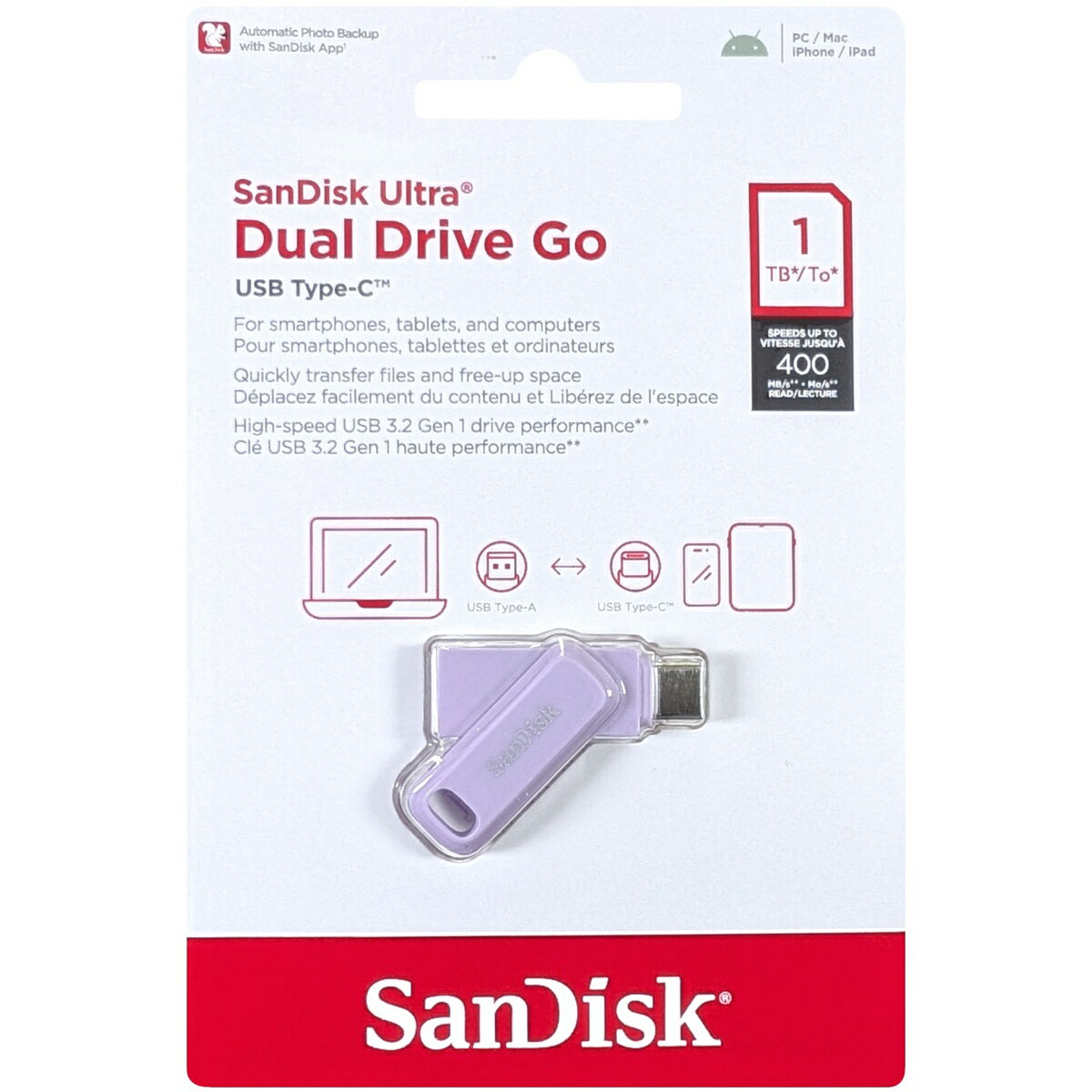 容量：1TB最大読み込み速度：400MB/sUSB Type-C/USB Type-A接続USB 3.2 Gen1サイズ：44.4 x 12.1 x 8.6mm当店保証：6ヶ月海外流通品のため、メーカー保証はございません