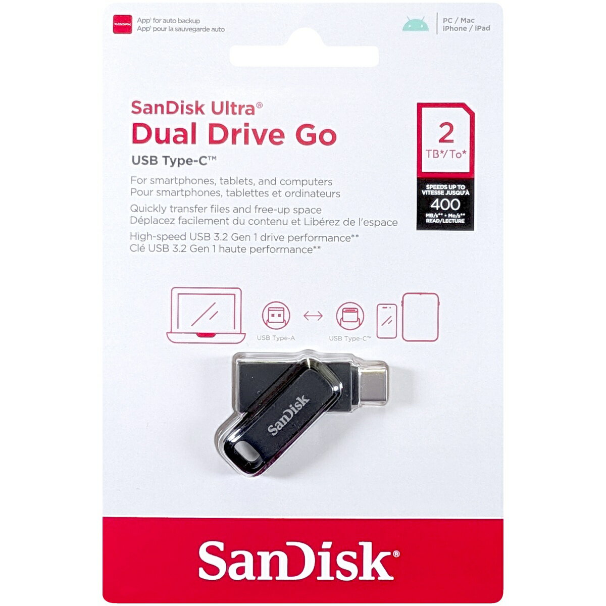 容量：2TB最大読み込み速度：400MB/sUSB Type-C/USB Type-A接続USB 3.2 Gen1サイズ：44.4 x 12.1 x 8.6mm当店保証：6ヶ月海外流通品のため、メーカー保証はございません