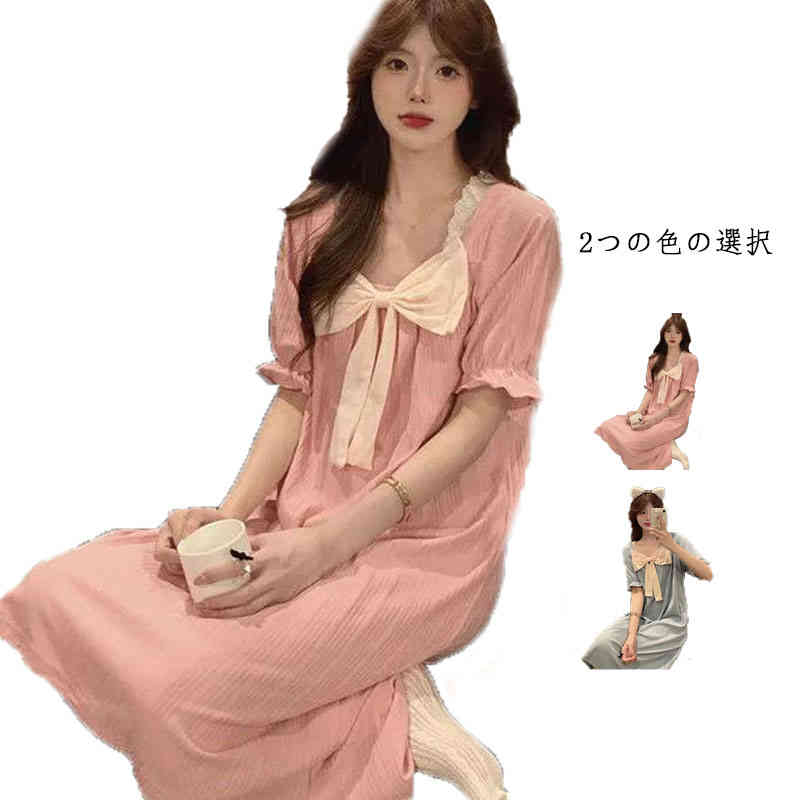 パジャマワンピース　レディース フリルワンピース ルームパジャマ リボン付き おしゃれパジャマワンピース 女の子 ワンピース かわいい リボンワンピース フリル ワンピース 春夏 おしゃれ パジャマワンピース 女の子 ワンピース かわいいル...