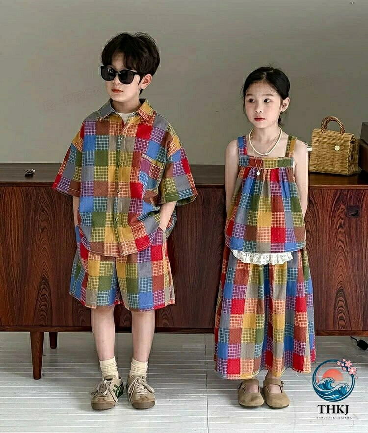 .姉弟 お揃い 子供服 コーデ リンクコーデ セットアップ 兄妹 かわいい カラフル チェック柄 タンクトップ スカート シャツ 半袖 ハーフパンツ ルームウェア 男女 おしゃれ 旅行 カジュアル 韓国風 90 150 子供 おそろい ファ...