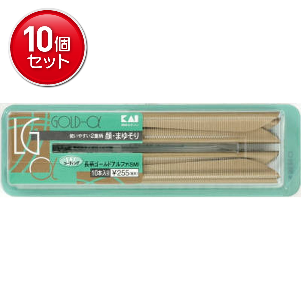 　顔・まゆそり用カミソリ 長柄ゴールドアルファSM 10本入ブランド：販売・製造元：貝印使いやすい2重柄のカミソリです。顔・まゆそり用。 ご注意・顔・まゆそりを目的にしたカミソリです。その目的以外に使用しないでください。・刃先を拭いたり、肌...