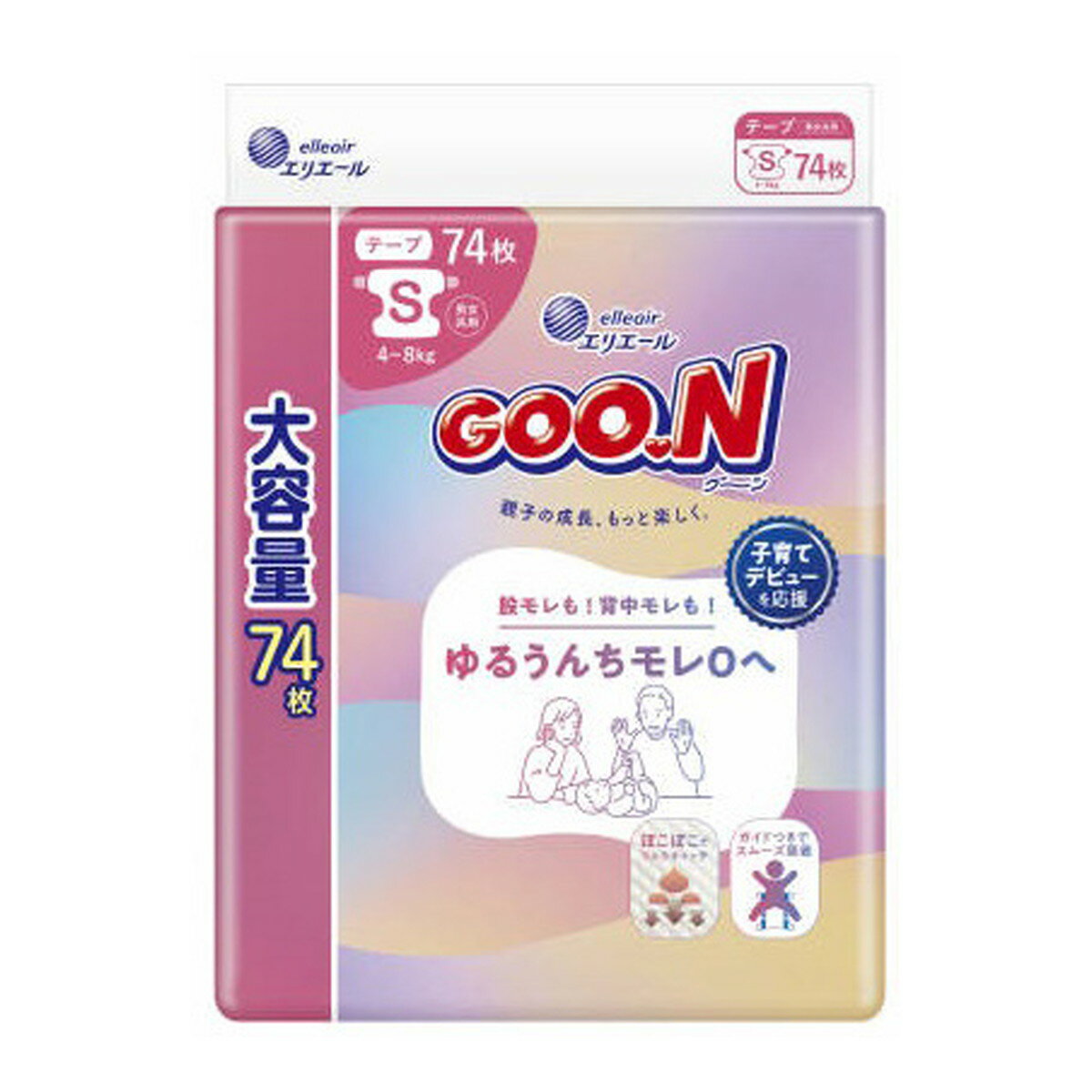 商品名：グーン ゆるうんちモレ0へ Sサイズ 大容量 テープ 74枚 こども用紙おむつ内容量：74枚JANコード：4902011124385発売元、製造元、輸入元又は販売元：大王製紙原産国：日本商品番号：101-*003-490201112...
