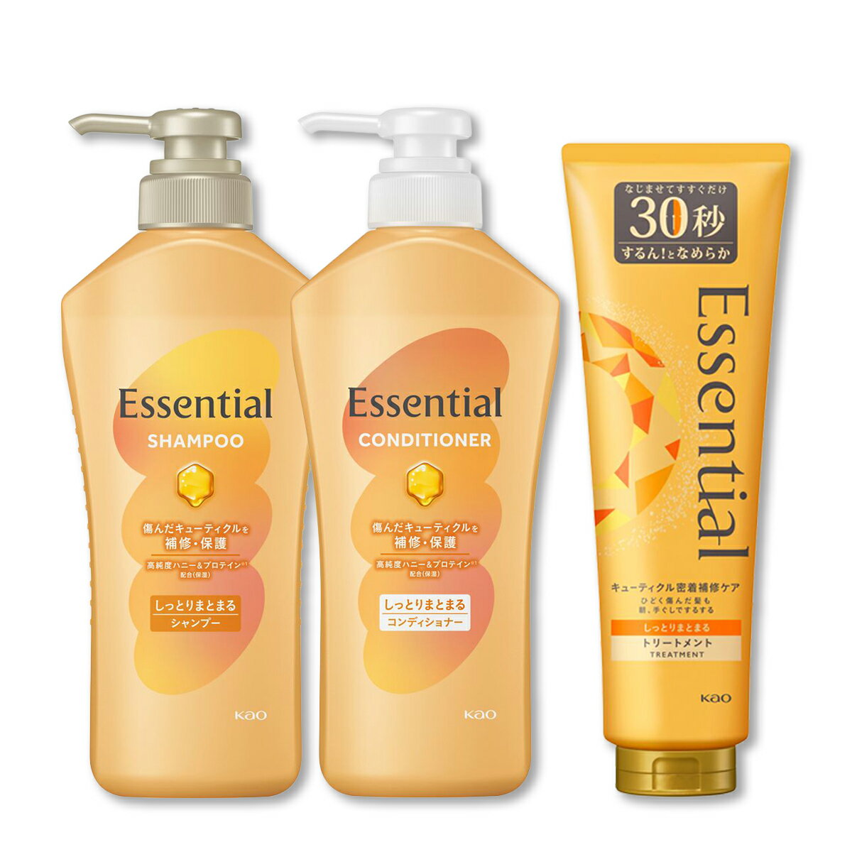 セット内容・エッセンシャル しっとりまとまる シャンプー 本体 450mL・エッセンシャル しっとりまとまる コンディショナー 本体450mL・エッセンシャル しっとりまとまる トリートメント 250g 洗い流すタイプこれら3点のセットです...