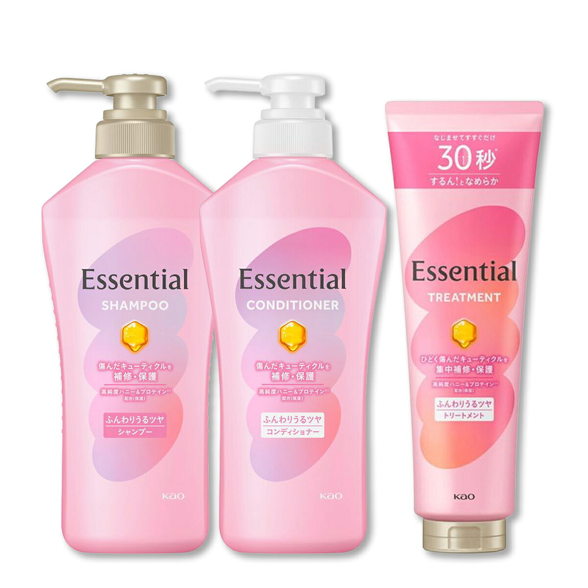 セット内容・エッセンシャル ふんわりうるツヤ シャンプー 本体450mL・エッセンシャル ふんわりうるツヤ コンディショナー 本体 450mL・エッセンシャル ふんわりうるツヤ トリートメント 250gこれら3点のセットです。-------...