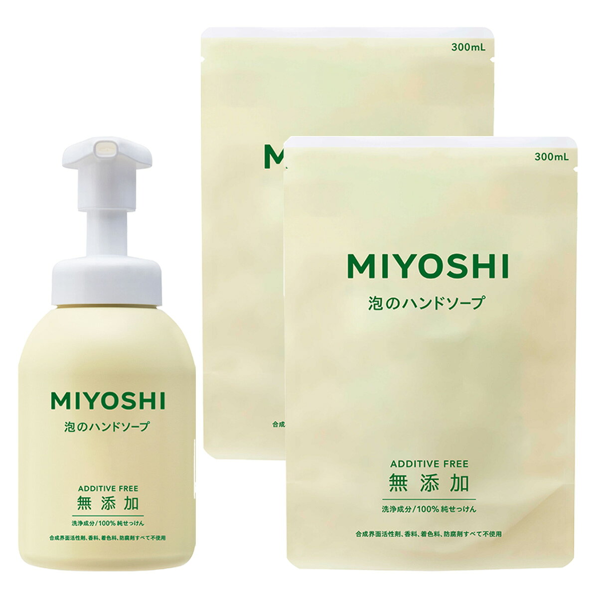 セット内容・ミヨシ石鹸 無添加 せっけん 泡のハンドソープ ポンプ 本体 350mL・ミヨシ石鹸 無添加 せっけん 泡のハンドソープ つめかえ用 300mL×2個上記3点のセットです。--------------------------商品...