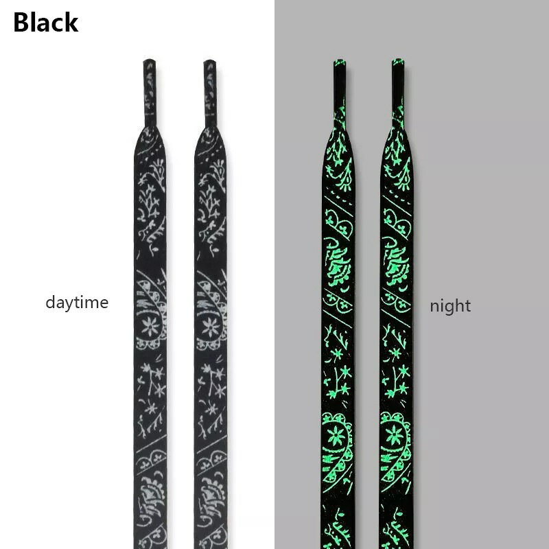 ARATA Grow In the Dark Paisley Shoelace Black 日中はペイズリー柄、夜は蓄光で柄が浮かび上がるグロウインザダークの シューレースです。 2通りの楽しみ方があります。 両足用2本1セット カラー：ブ...
