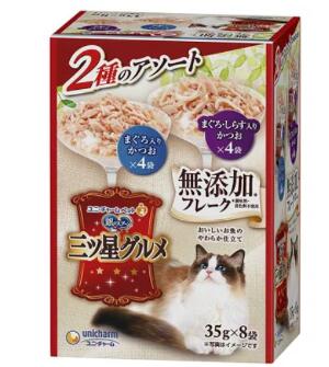 商品名 ユニ・チャーム　銀のスプーン 三ツ星グルメ パウチ 無添加フレーク 2種のアソート まぐろ入りかつお＆まぐろ・しらす入りかつお 35g×8袋 商品説明 ●調味料・着色料不使用の無添加タイプ ●たっぷりの身とうまみで、抜群のおいしさを...