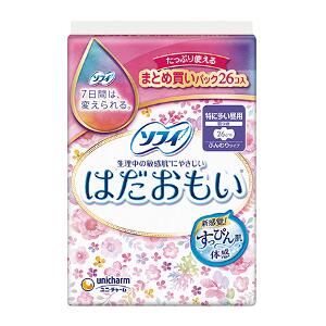 商品名 ユニ・チャーム ソフィ はだおもい 特に多い昼用 羽つき 26cm 26コ入 商品説明 新感覚！すっぴん肌体感 交換まで、"すっぴん"のような肌サラサラつづく 「すっぴん肌シート」搭載で、表面の経血のこりを35％カット！ べたつきを...