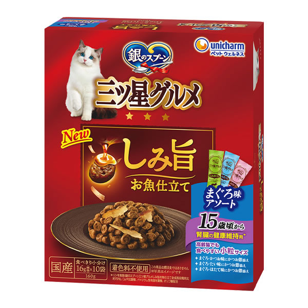 商品名 銀のスプーン 三ツ星グルメ しみ旨お魚仕立て 15歳頃から 3種のまぐろ味アソート 160g 商品説明 ●銀のスプーン 三ツ星グルメ しみ旨お魚仕立て お魚味の旨みがしみこみ、お魚の香りと深い味わいが口の中で広がる ●3種のまぐろ味...
