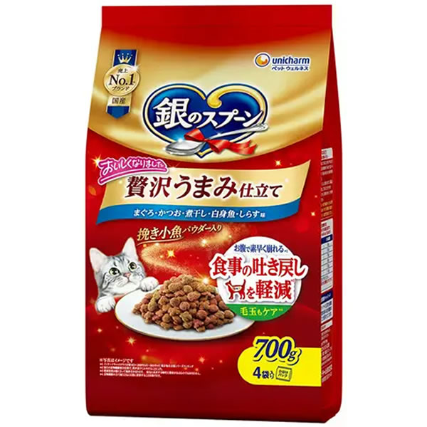 商品名 銀のスプーン 贅沢うまみ仕立て 食事の吐き戻し軽減フード まぐろかつお煮干し白身魚しらす味 700g(175g×4) 商品説明 銀のスプーン 贅沢うまみ仕立て お腹で素早く崩れる＊1 食事の吐き戻しを軽減＊2 毛玉もケア＊3 まぐろ...
