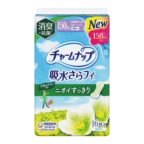 商品名 チャームナップ長時間安心用消臭タイプ 16枚 商品説明 ニオイを消臭＋抗菌 150cc・長時間安心用・夜用ナプキンサイズ・29cm 消臭ポリマー (※1) 配合で気になるニオイもギュッと吸引！ 高吸収ポリマーとなみなみシート(R)で...