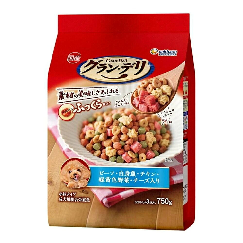 商品名 ユニ・チャーム グラン・デリ ふっくら仕立て ビーフ・白身魚・チキン・緑黄色野菜・チーズ・角切りビーフ粒入り 750g　4520699655054 商品説明 国産のお肉たっぷり、美味しいふっくら仕立てのグルメフード。 角切りビーフ粒...