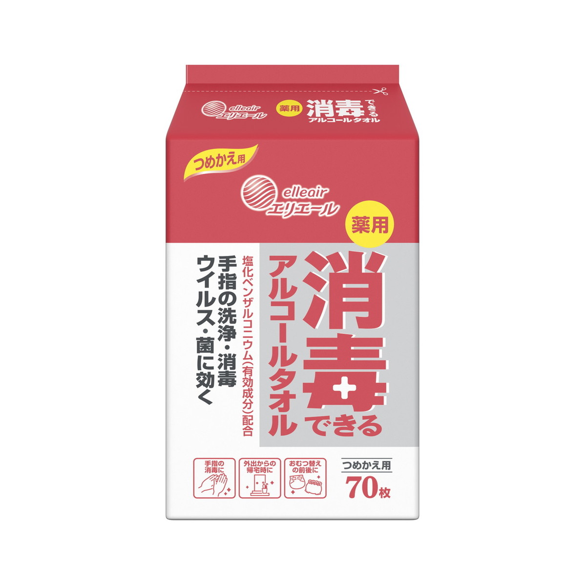 商品名：大王製紙 エリエール 薬用 消毒できるアルコールタオル つめかえ用 70枚内容量：70枚JANコード：4902011733167発売元、製造元、輸入元又は販売元：大王製紙原産国：日本区分：指定医薬部外品商品番号：101-490201...