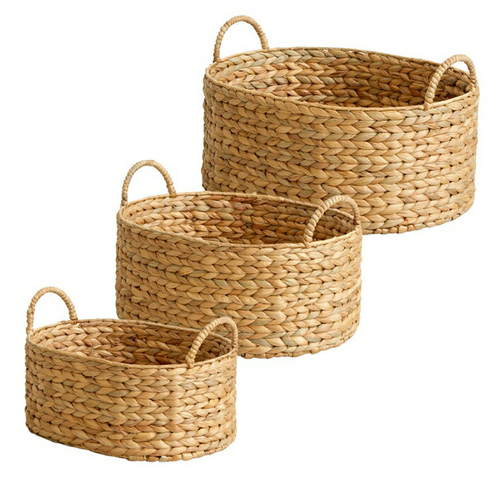 岩附 iwatsuki天然素材バスケット ウォーターヒヤシンス オーバル3個セット(持ち手付き) S/M/L IW-58生産地：ベトナムサイズSサイズ：約35×25×15cmMサイズ：約40×30×17cmLサイズ：約45×35×19cm素...