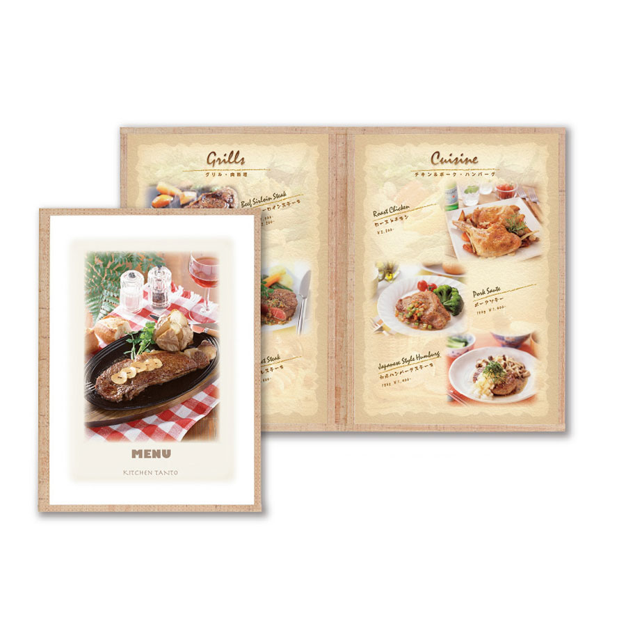 コルク調のテーピングがおしゃれなクリアタイプのメニューブックです。テーピング部分には、耐久性に優れたPVC合皮を使用。クリア部分には、透明性と耐衝撃性に優れ、リサイクル時の環境にも配慮した、ポリエチレンテレフタレートを使用しています。 商品...