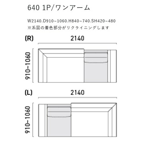 商品説明サイズ640　1P/ワンアーム：W2140mm×D910～1060mm×H840～740mm（SH420～480mm） 材質張地：ファブリック/本革クッション材：モールドチップウレタン・MDIウレタンcomfo climate fo...