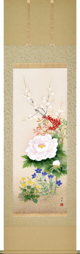 四季花※商品は1品1品の制作の為、画像と図柄、書体、寸法、表装裂地の色、柄等が多少異なることがございます 作者 鈴木優莉 作者の紹介 昭和43年生まれ岐阜県出身得意：日本画墨彩会理事 用途 常用掛 サイズ 尺五立標準寸法： 巾：54.5cm...