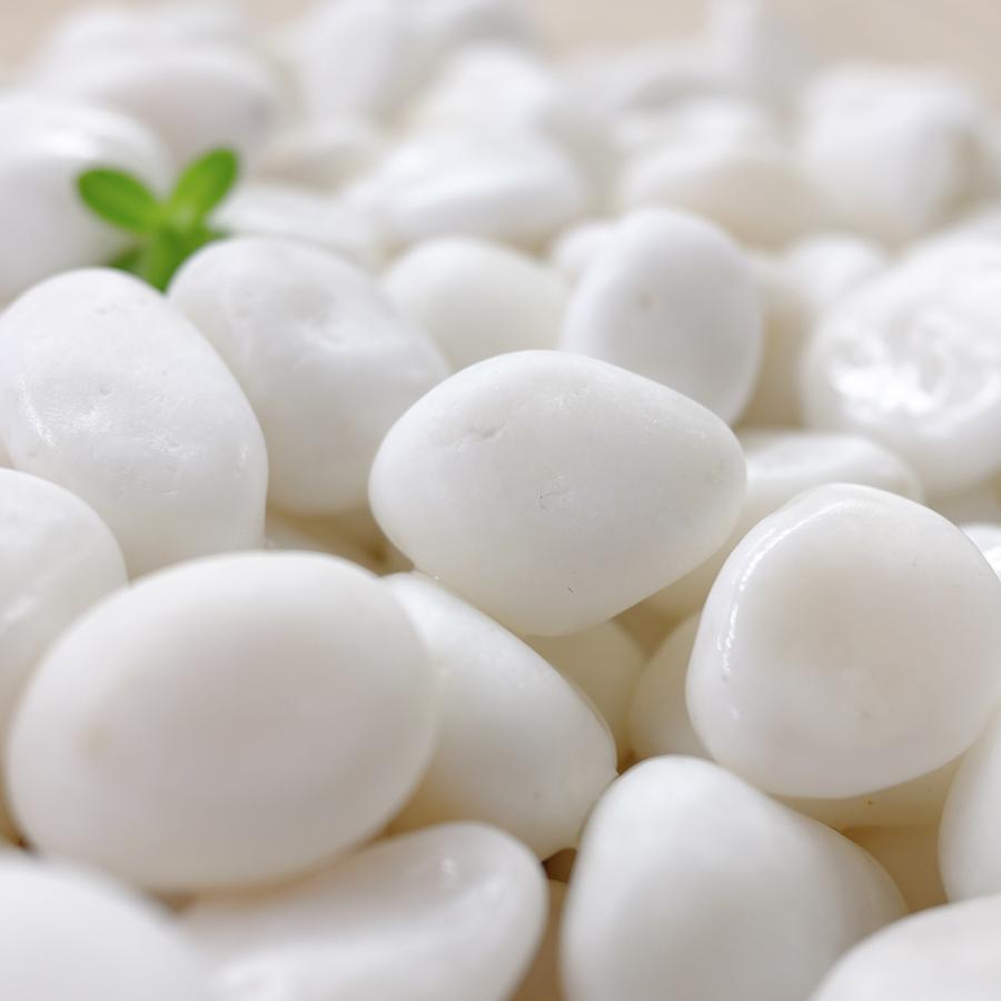 白玉石 スリ加工 1寸(約25-35mm内外)20kg入 和洋どちらのお庭にも合う白玉石 白い大理石をドラム加工により丸みをつけた玉石 天然石ならではの少し灰色掛かった色味なども含んでいるので自然な雰囲気でお庭に明るさをもたらします。 乾い...