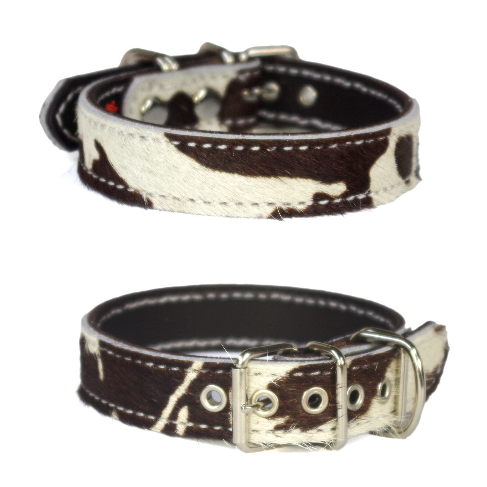 ●革の種類 : ハラコ牛柄こげ茶 ●サイズ :　 革幅2cm 厚み約3mm 首周り21-28cm の中でオーダーメード **必ず首輪周り計ってから注文してください。 ＊チワワ、ダックス、プードル等の小型犬用首輪です2cm幅ある小型犬用の首輪...