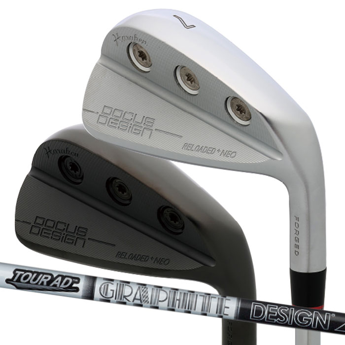 素材 ボディ:SUS フェース:軟鉄DOCUS RELOADED+ NEO IRON アイアングラファイトデザイン Tour AD 中空構造はヘッドをセミラージ化し、見た目の安心感を与える。更にワイドソールはショット時の滑りを良くするだけで...