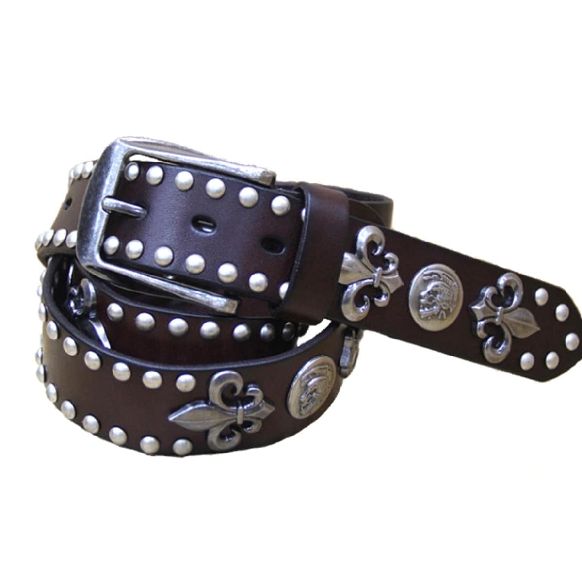 【送料無料!】パンクなテイストたっぷりのバックルベルト! 【Fleur De Lis Rivet Genuine Leather Belt】フルールドリスリベットジェニュインレザーベルト! ゴシックなユリの紋章と遊び心感じる個性的なスタッズ...