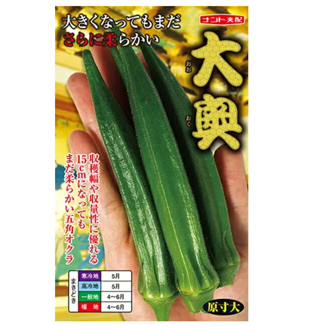ナント種苗　オクラ 「大奥」 通常より2日ほど収穫を遅らせ、長さ15cm程度で収穫しても柔らかく、更に収穫適期が長い。 果形はやや細身の五角形。果皮色は濃緑で一般品種と比較して、果色が濃く見映えが良い。 曲がりやイボ果の発生少なく、秀品率が...