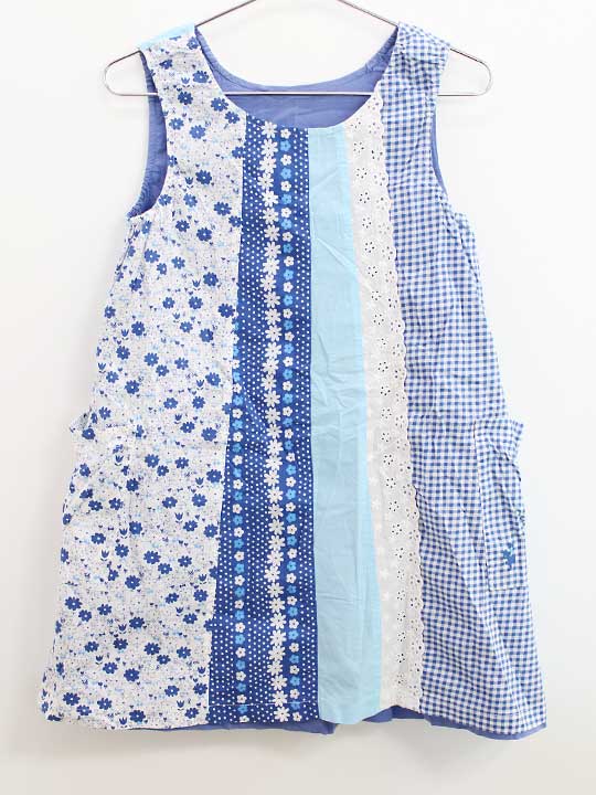 サイズ 140cm 素材 表・裏側：綿100％ 色 青、白、水色 汚れ、ダメージ等 無地側の背面中央や右脇に汚れ、全体的に軽い褪せがありますが、他問題ありません 使用感ランク AB 性別 女の子 その他 着丈約65cm・リバーシブル ＊使用...