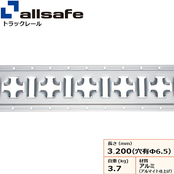 アルミ製のトラックレールです。 T−ワンピースタイプの先端金具をもつベルト荷締め機に対応。 荷物に応じて縦・横どちらでも使用可能です。【仕様】 ・材質：アルミ(アルマイト仕上げ) ・自重：3.7kg ・長さ：3200mm(穴有φ6.5) ・...