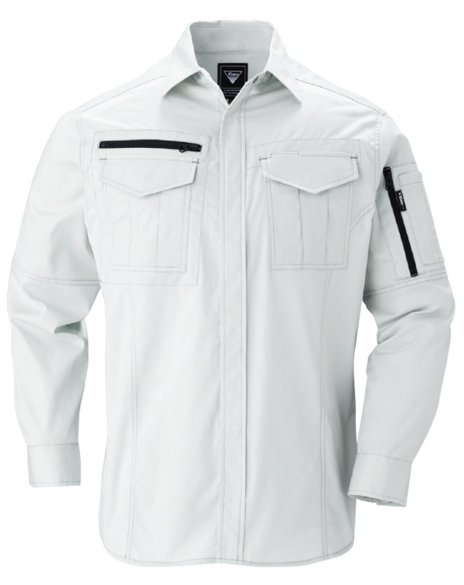 ワークウェア 定番服 素材：サマーツイル 綿100％ 胸ポケット(巾11.5cm×深さ14cm) 右胸ファスナーポケット(巾12.5cm×深さ19.5cm) 付属：金属ファスナー 金属ボタン(ドットボタン) ※3Lは、\300（＋消費税）プ...