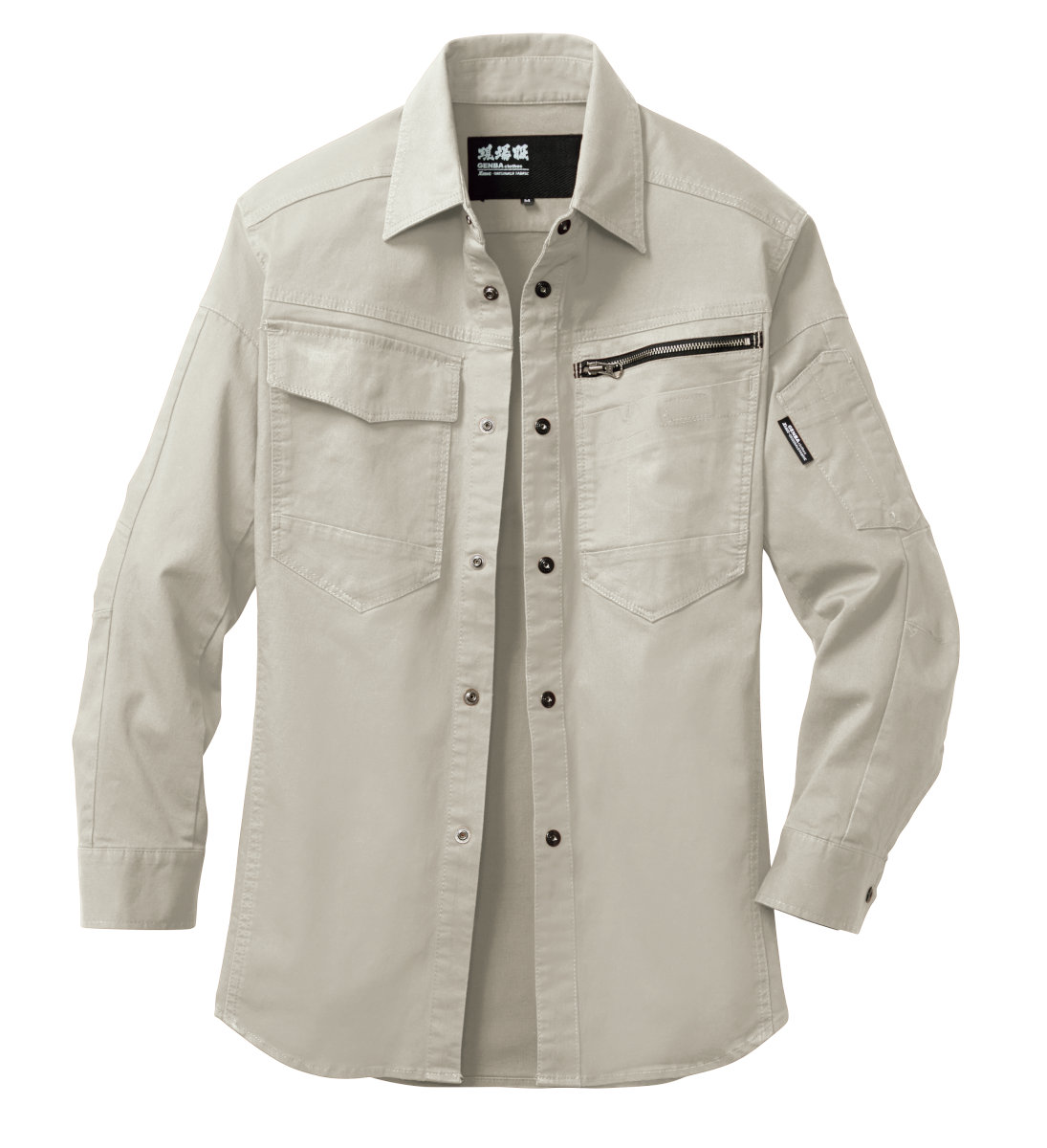 現場服 素材：ストレッチマイクロヘリンボーン 綿98％ ポリウレタン2％ 機能：伸縮素材 洗い加工 右胸ポケット(巾13.5cm×深さ17cm)左胸ポケット(巾12cm×深さ18.5cm) 付属：金属ファスナー 金属ボタン(ドットボタン) ...