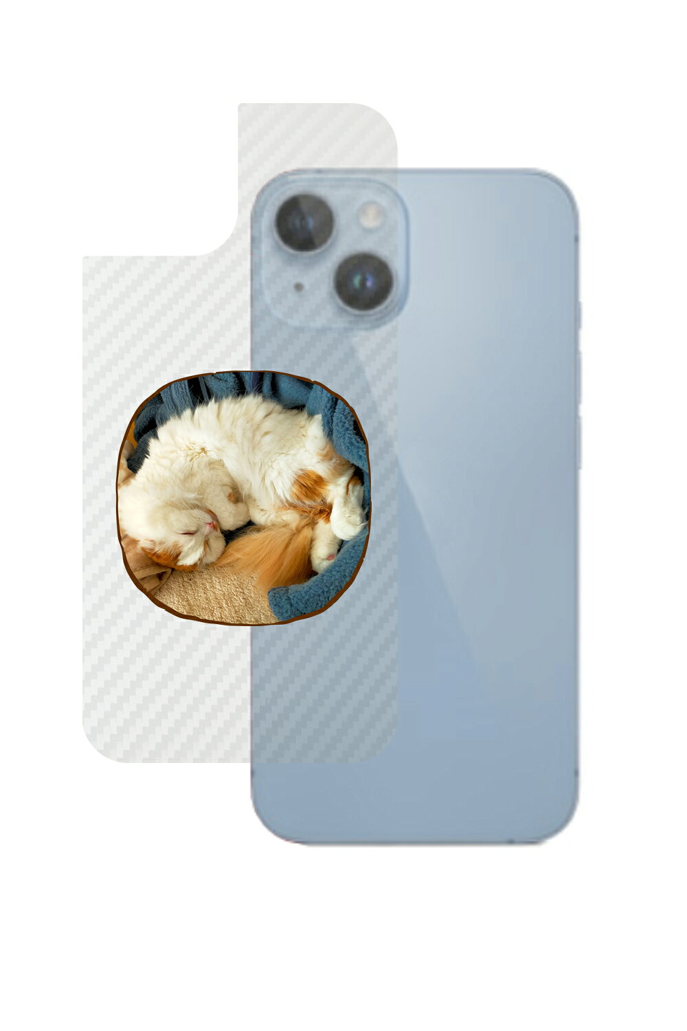 ★スマートフォン本体の背面をカーボン調でクリアなフィルムにかわいいネコがプリントされた保護フィルムでおしゃれに傷防止！★フィルム表面のハードコート層によりスマートフォン本体のフラットな面をきれいな状態に保ちます。★気泡レス---気泡レス加工...