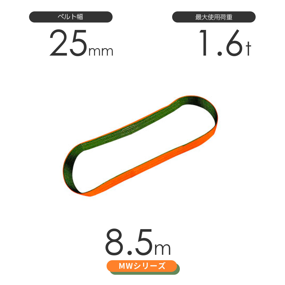 日本製のナイロンスリング 丸善織物のMWシリーズ（2色） エンドレス形（N型）幅25mm×8.5mです。 適度な伸びが吊り上げた時の衝撃を和らげる耐摩耗性に優れたナイロン素材のベルトスリングです。 ベルトは外側2層がナイロン、芯部がポリエス...